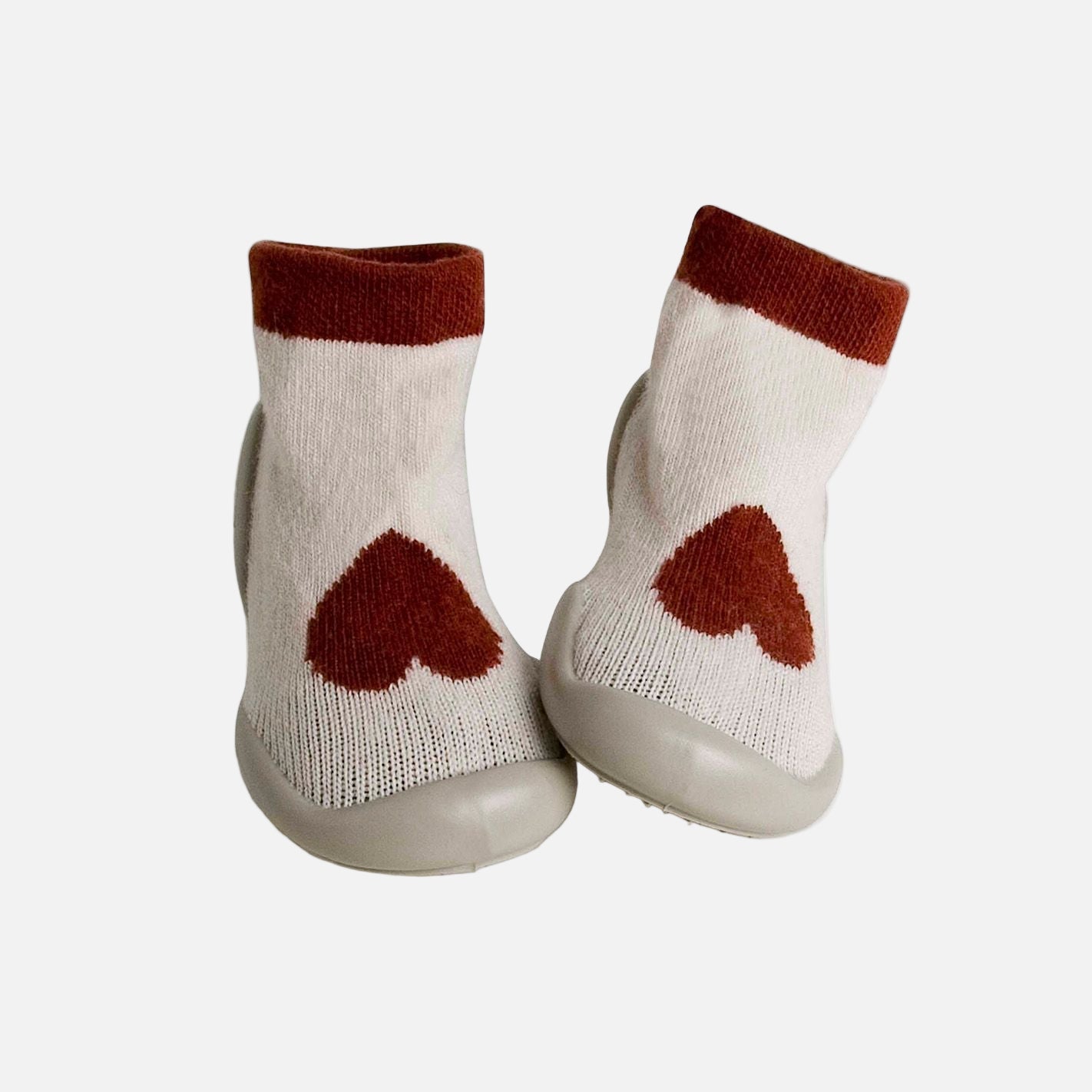 Papuci tip soseta din lana si casmir - Bej/Inimioara